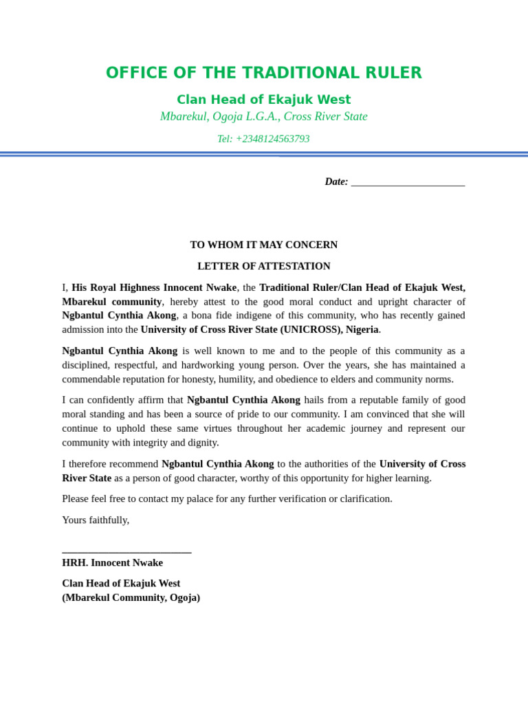 Attestation - Office of The Traditional Ruler | PDF