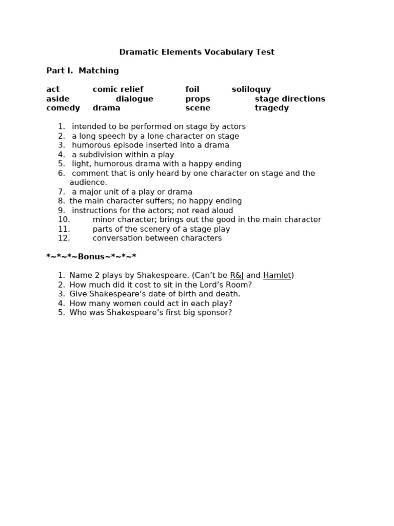 Dramatic Elements Vocabulary Test | PDF