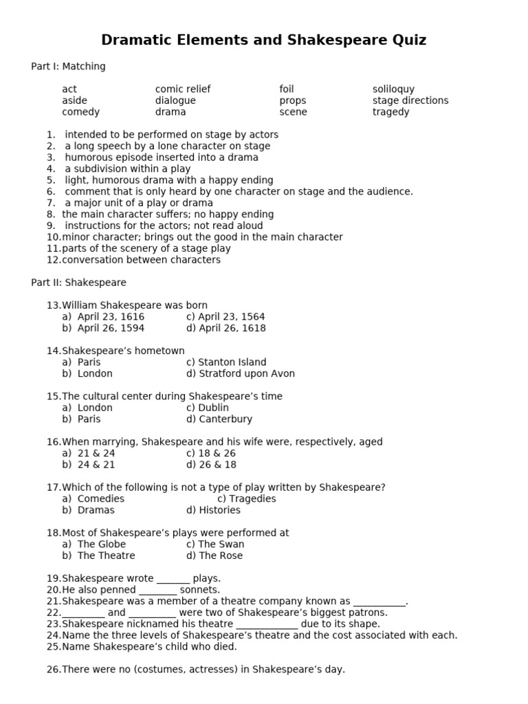 Dramatic Elements Vocabulary Test | PDF | William Shakespeare | Play ...