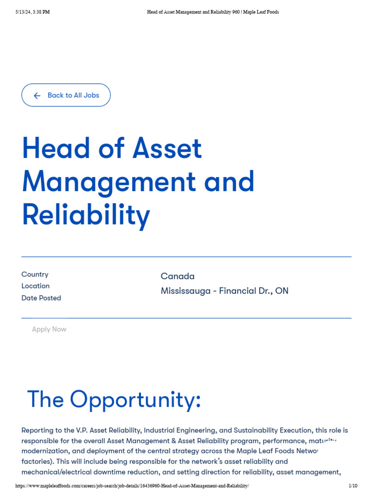 Head of Asset Management Role at Maple Leaf | PDF | Reliability ...
