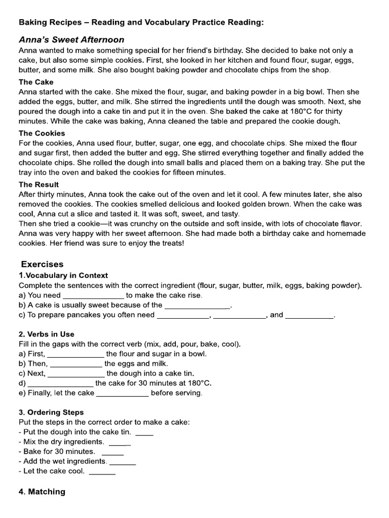 Recipe Story Vocabulary Worksheet Long | PDF