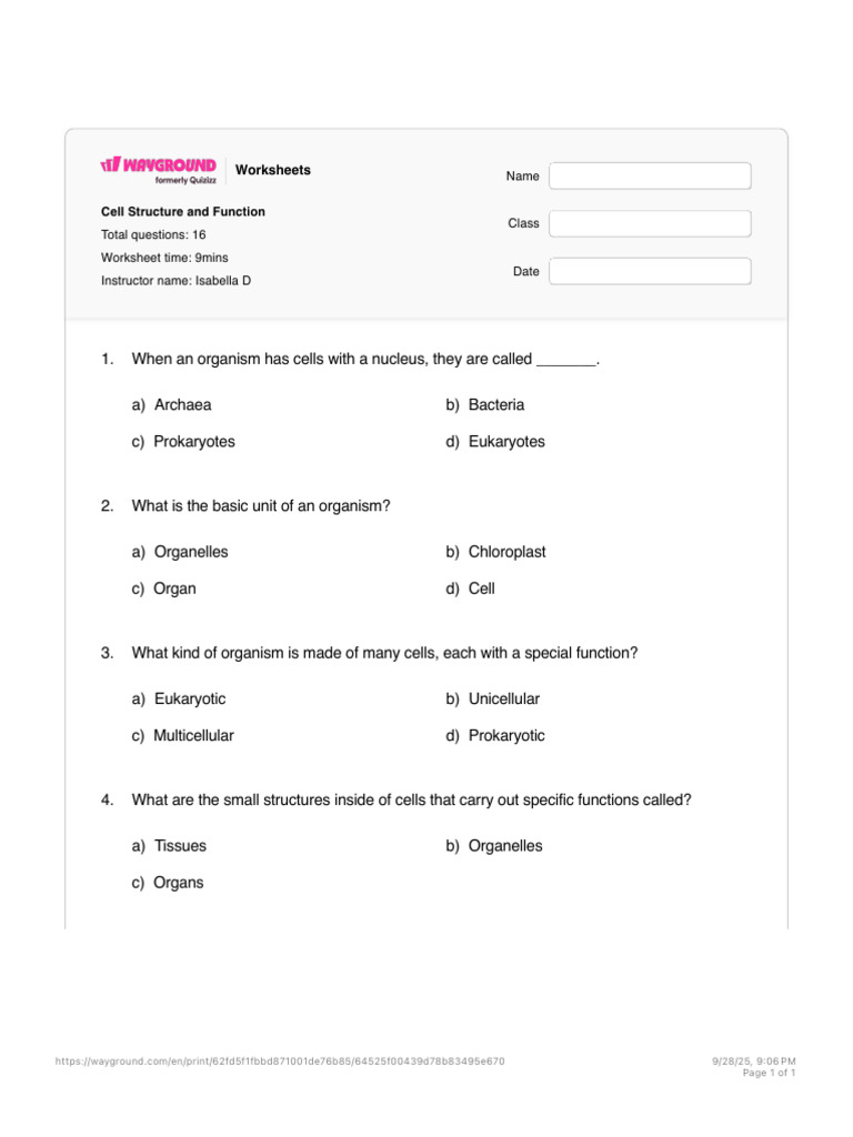 Cell Structure and Function Quiz | PDF