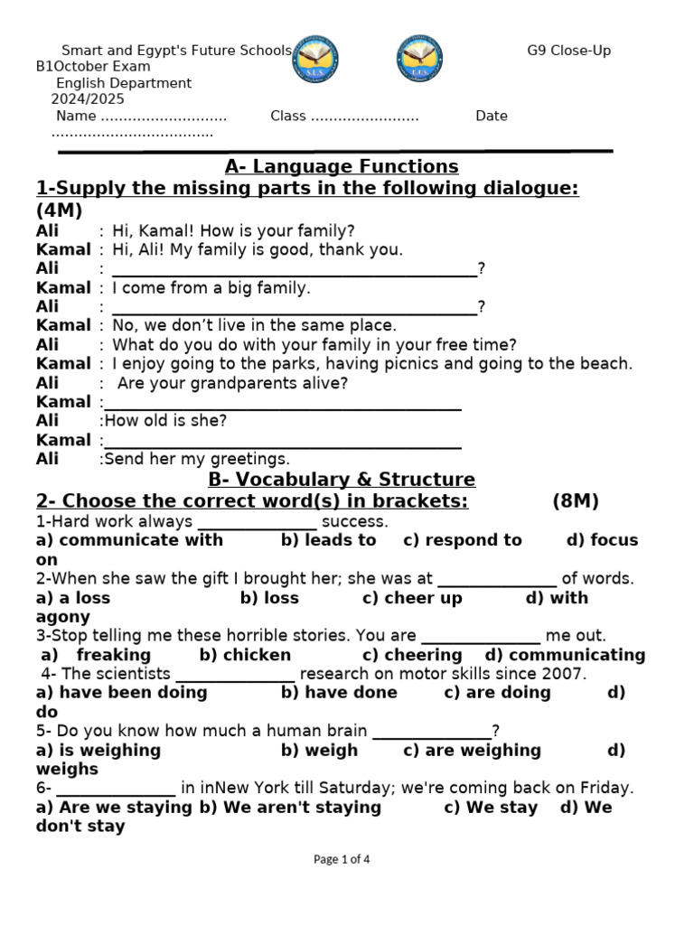 October Exam for G8 English Students | PDF