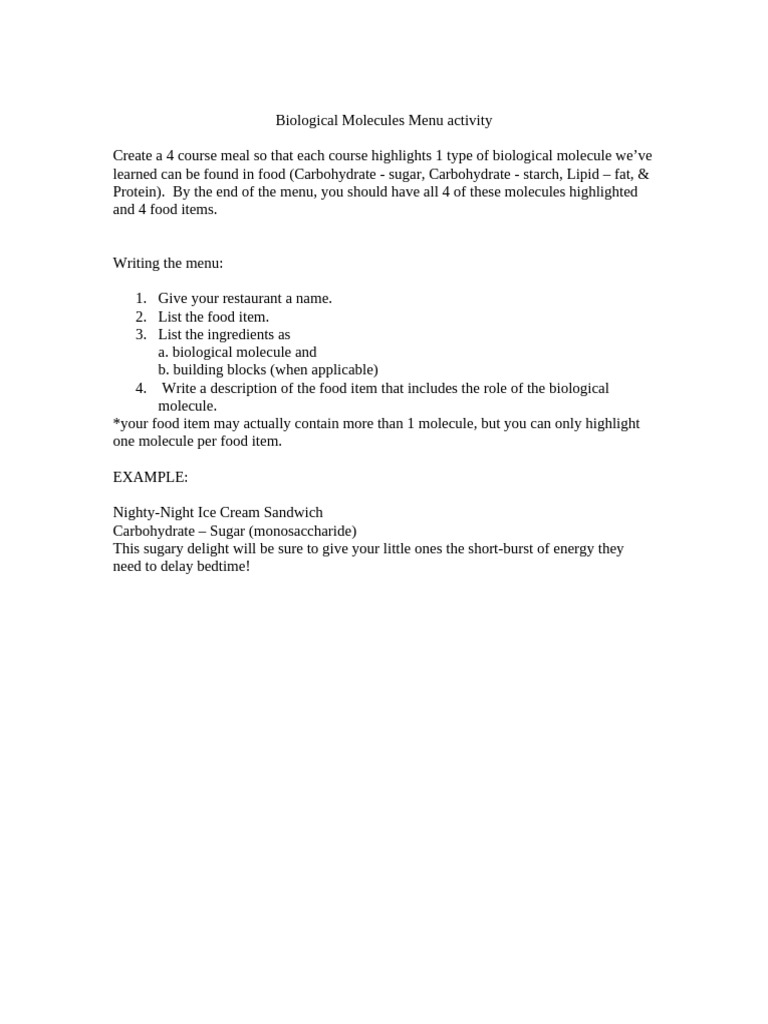 Biological Molecules Menu Activity | PDF