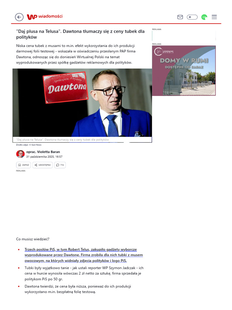 Daj Plusa Na Telusa - Dawtona Tłumaczy Się Z Ceny Tubek Dla Polityków | PDF