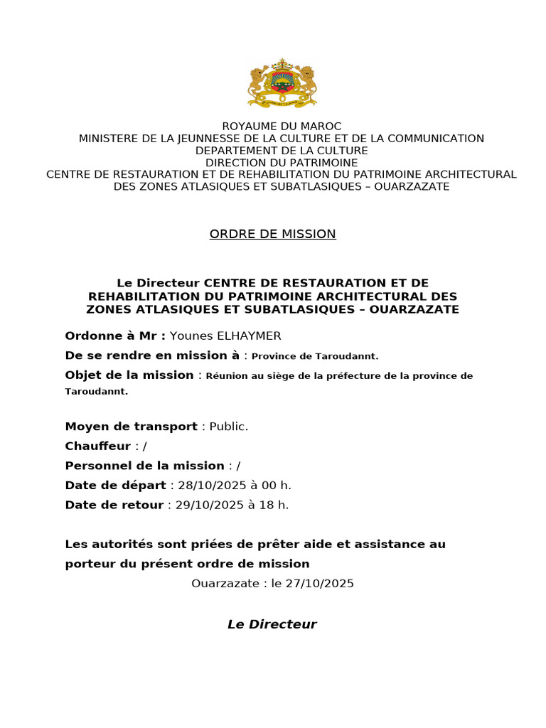 Ordre de mission pour Younes Elhaymer | PDF