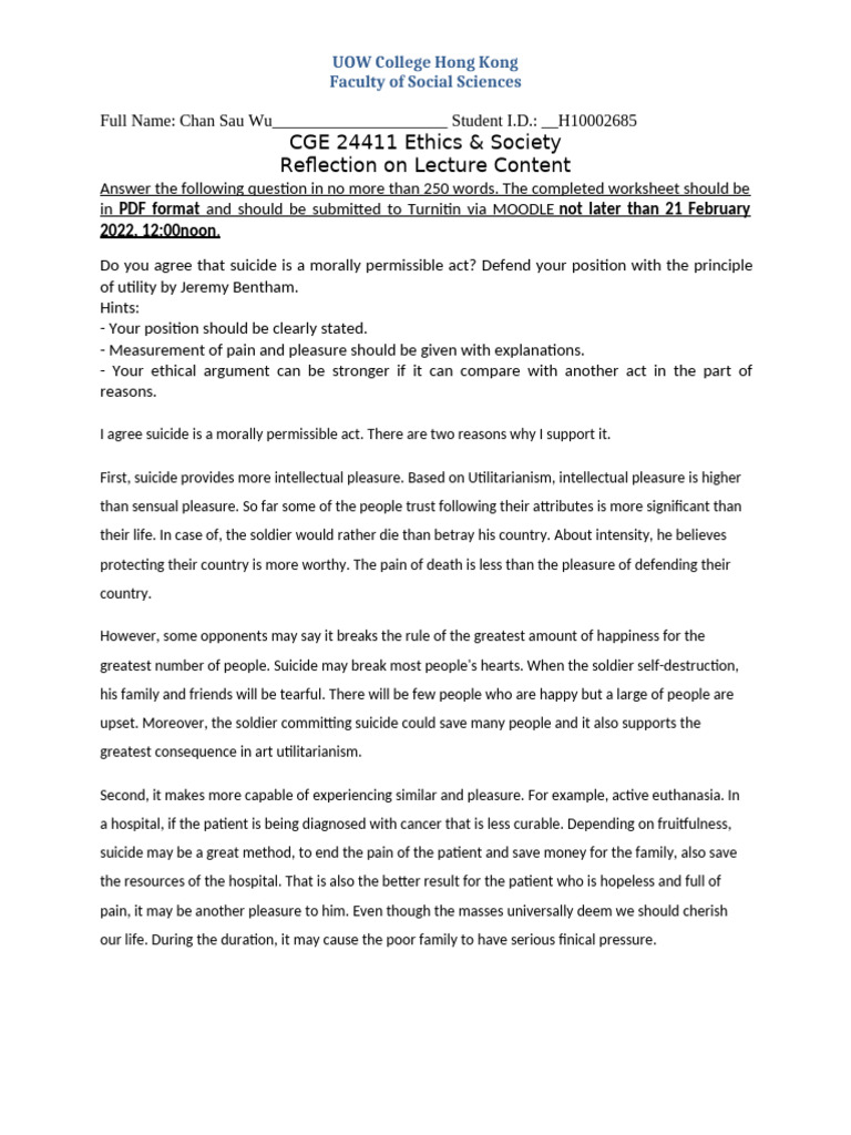Ethical Reflection on Suicide and Utilitarianism | PDF