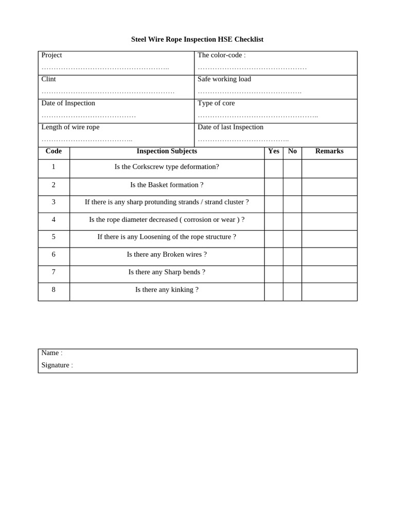Steel Wire Rope Inspection HSE Checklist | PDF