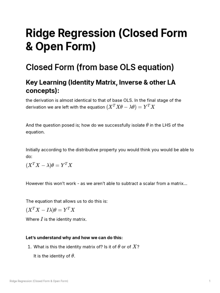 Ridge Regression Derivation Explained | PDF | Matrix (Mathematics ...