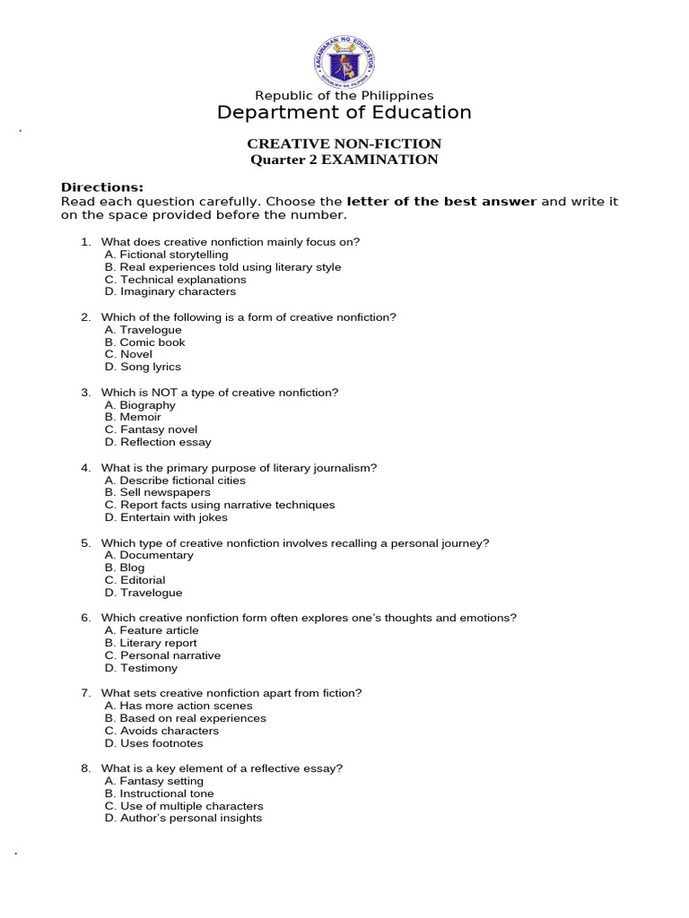 Creative Non-Fiction Q2 EXAM | PDF | Creative Nonfiction | Narrative
