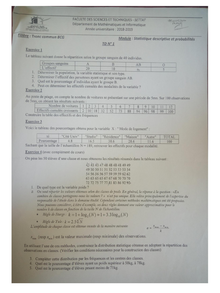 Les Séries de Probabilité Et Statistique 2019 BCG FSTSettat | PDF