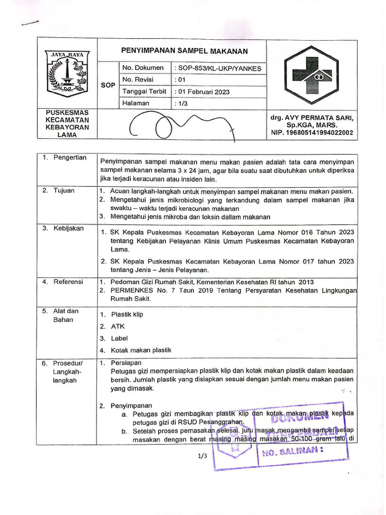 SOP Penyimpanan Sampel Makanan | PDF