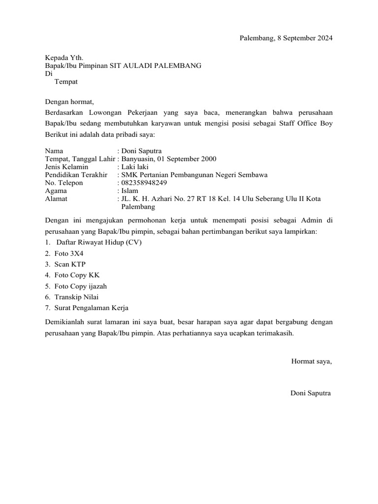 Surat Lamaran Doni. | PDF