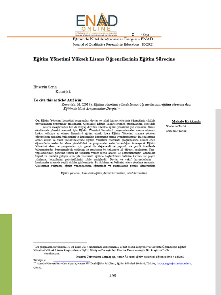 E Itim Y Netimi Y Ksek Lisans Rencilerinin E Itim S Recine Dair Deneyimleri[#560595]-707886 | PDF