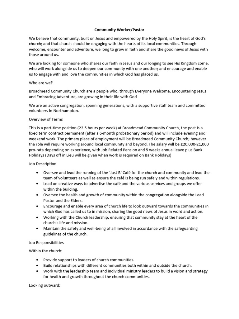 Community WorkerPastor Role Profile | PDF | Prayer | Elder (Christianity)