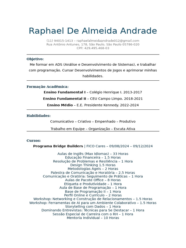 Currículo de Raphael Andrade: ADS e Jogos | PDF