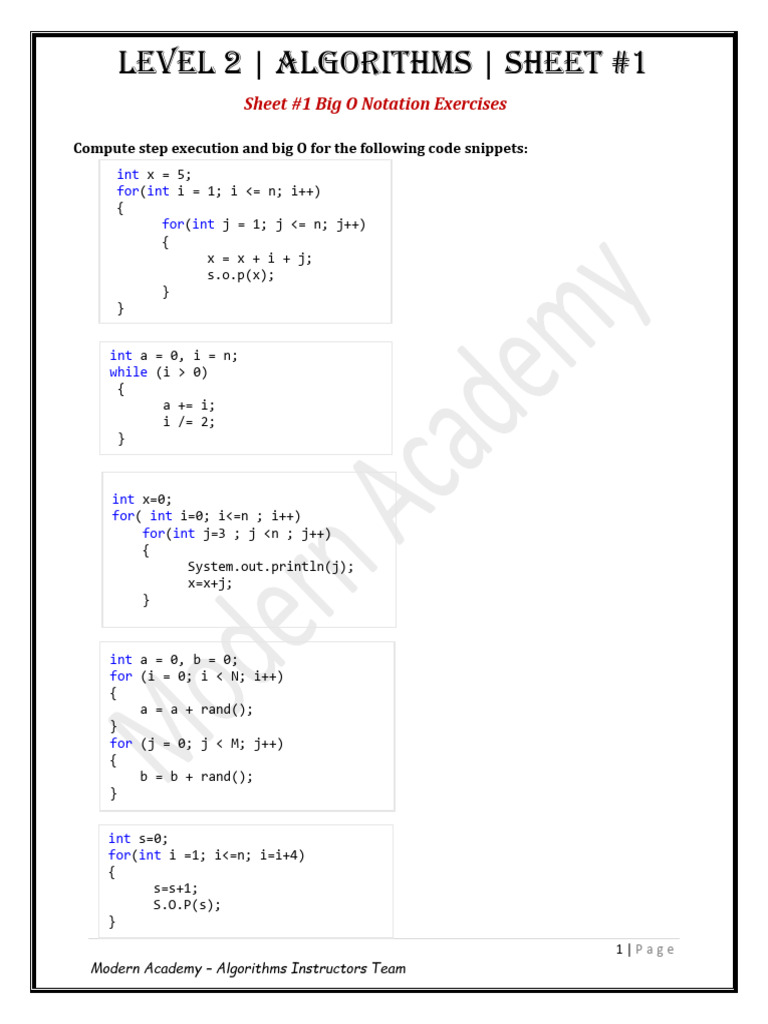Algo. Sheet #1 Big O Notation Exercises (2) | PDF