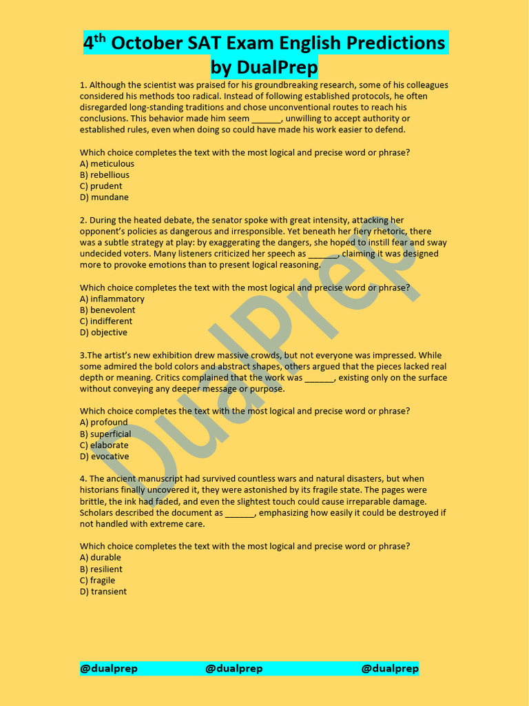 4th October SAT Exam English Predictions by DualPrep | PDF | Renewable ...