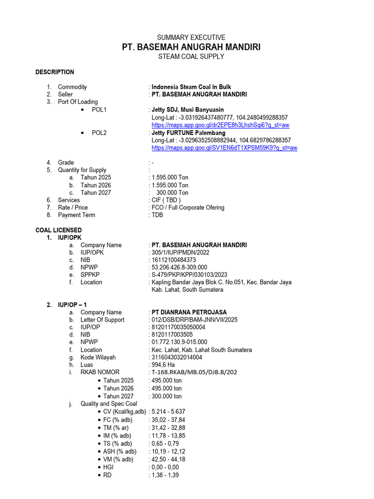 SUMMARY EXECUTIVE_PT. Basemah Anugrah Mandiri | PDF