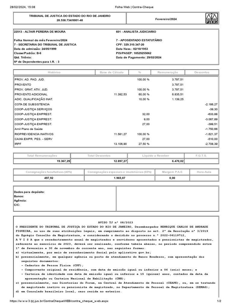 Contra-Cheque Fevereiro 2024 TJ-RJ | PDF | Brasil