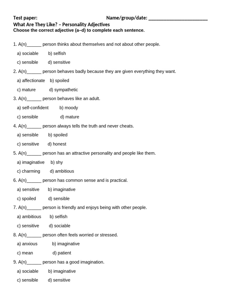 What Are They Like Personality Adjectives MCQ FIXED | PDF | Chess ...