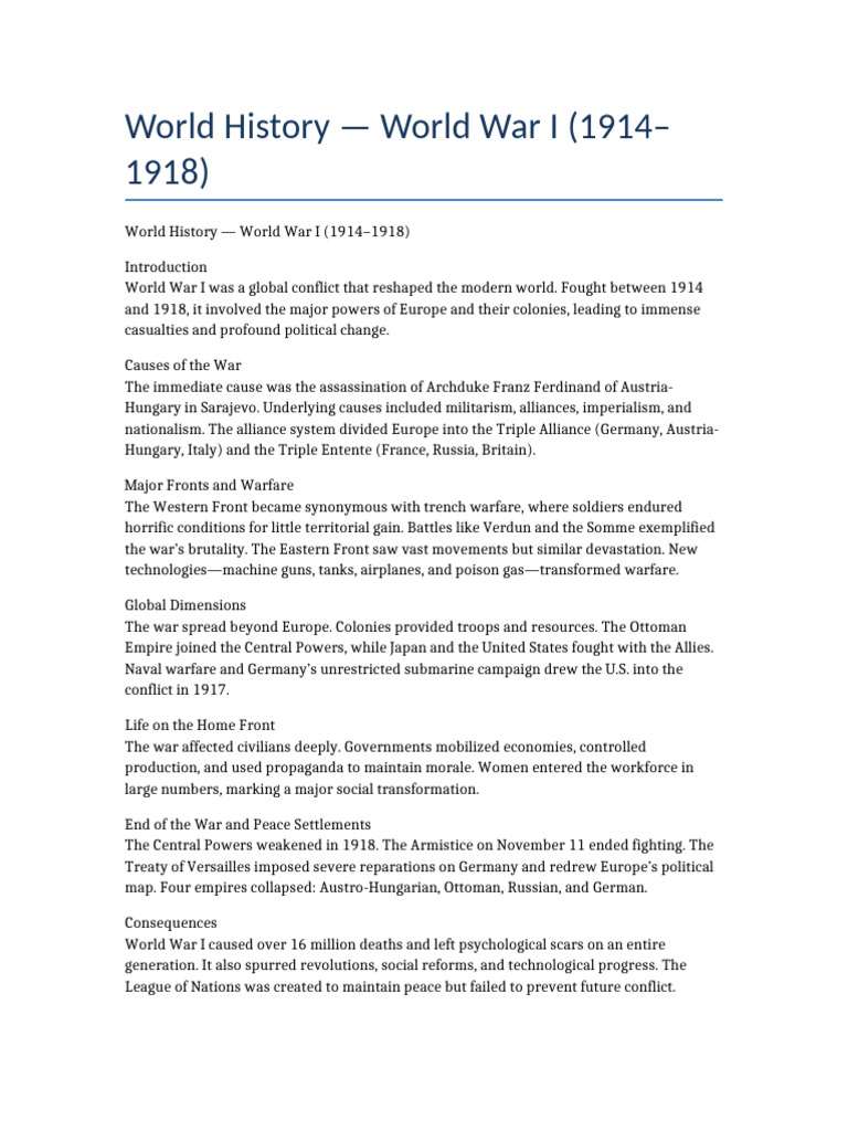 World War I: Causes, Warfare, and Impact | PDF