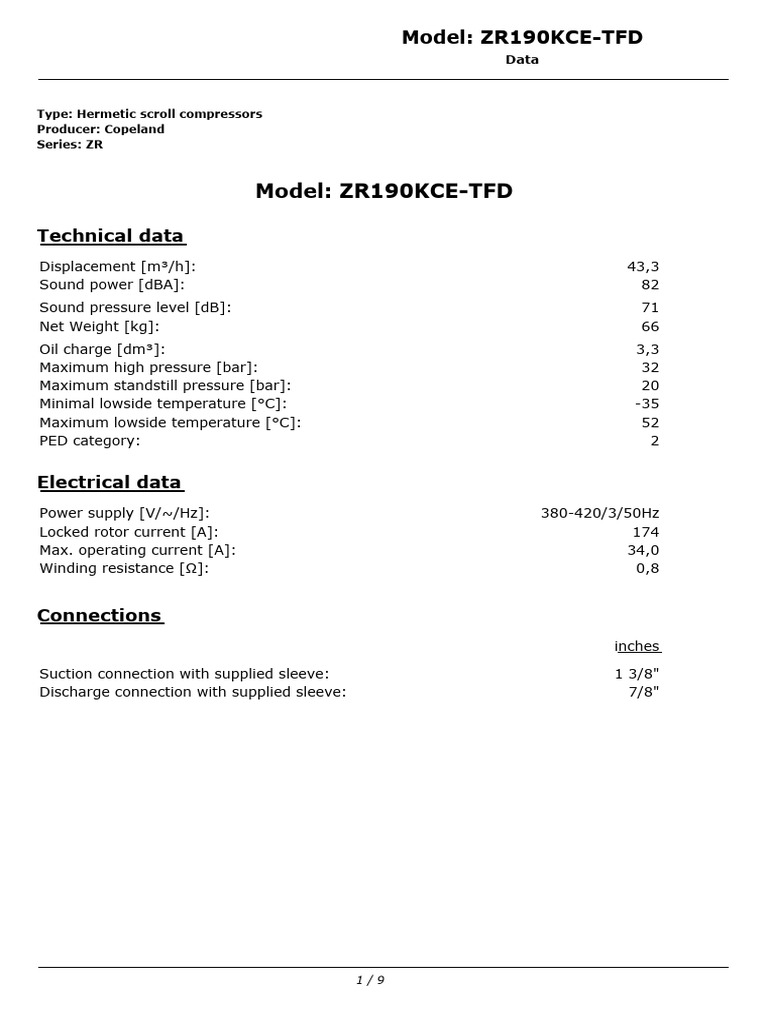Copeland Scroll Compressor ZR190KCE-TFD Specifications | PDF | Applied And Interdisciplinary ...
