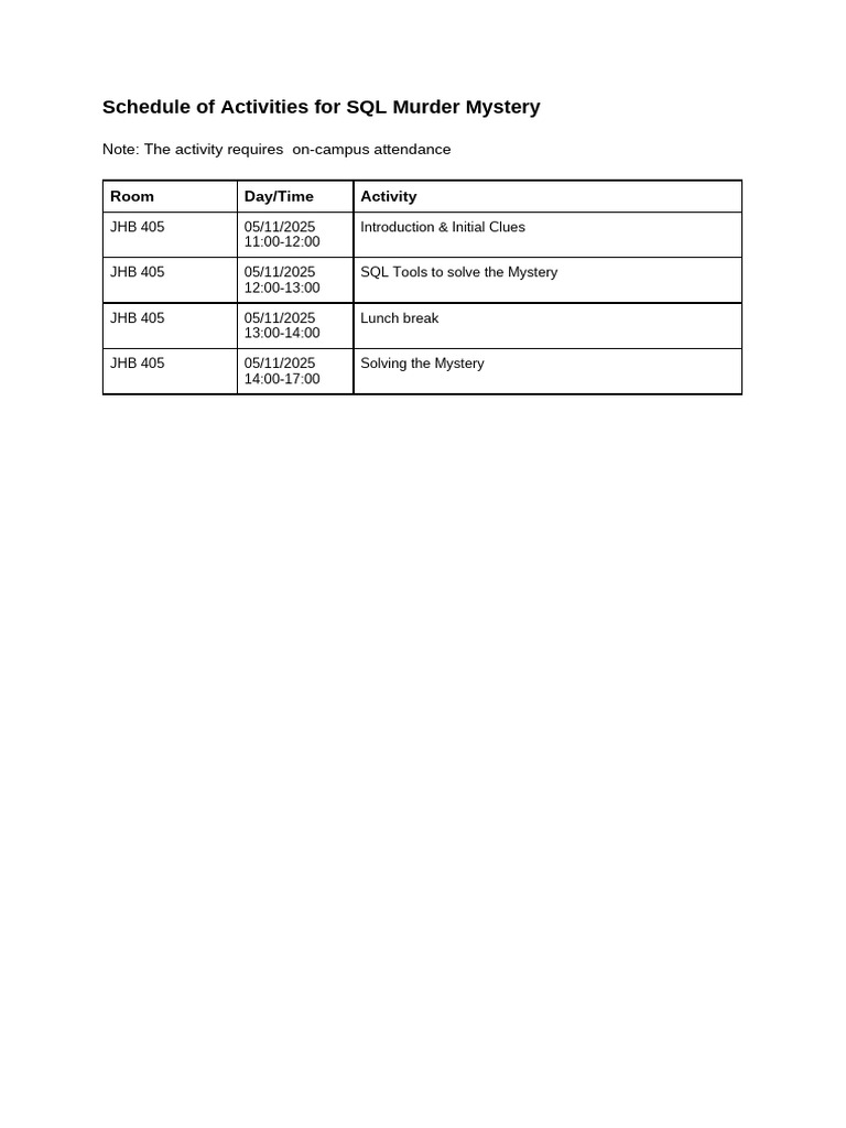 SQL Murder Mystery Activity Schedule | PDF