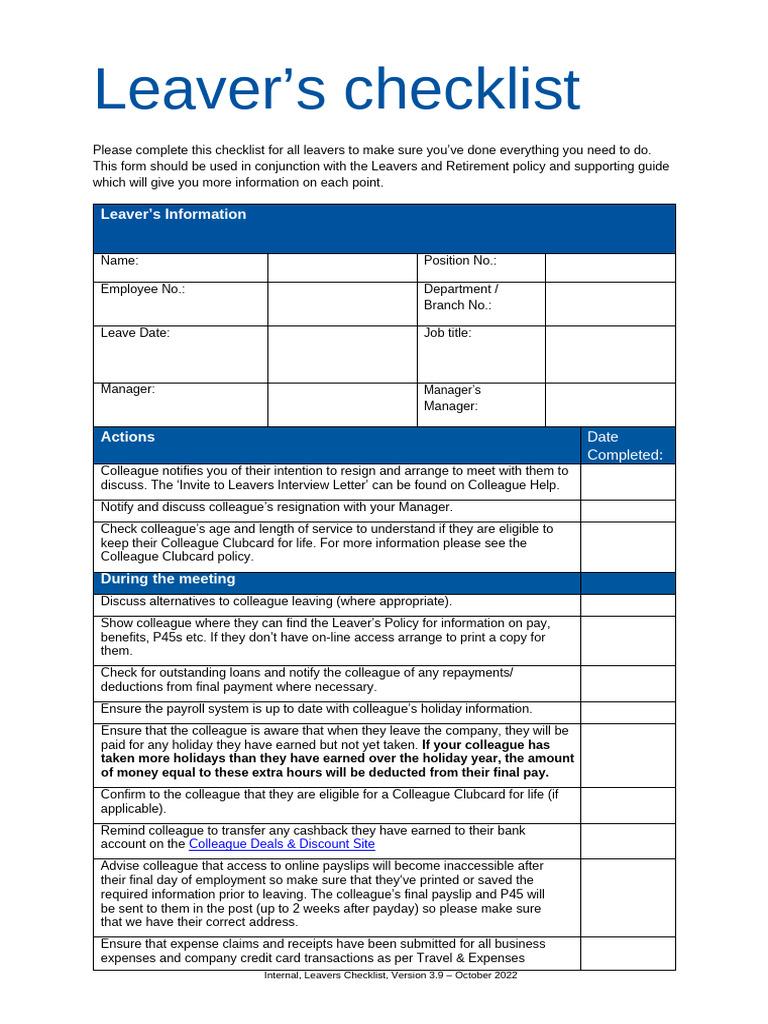 Leavers Checklist - Stores v3.9 October 2022 | PDF | Credit Card | Business