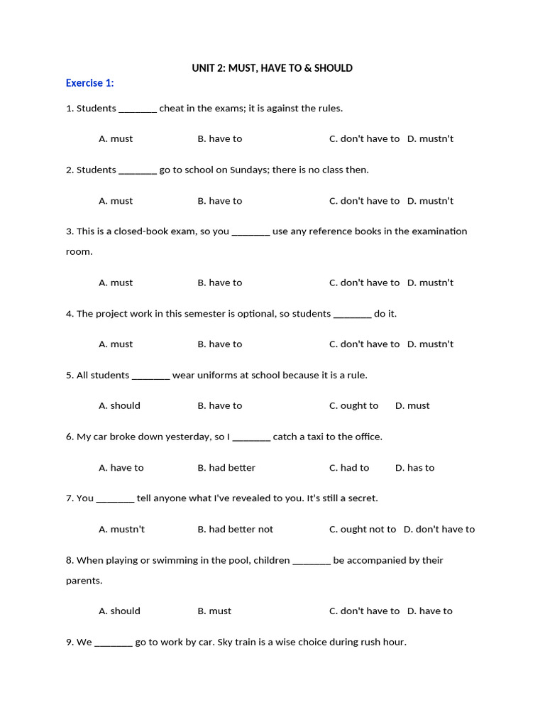 Unit 2 - Must, Have To & Should | PDF