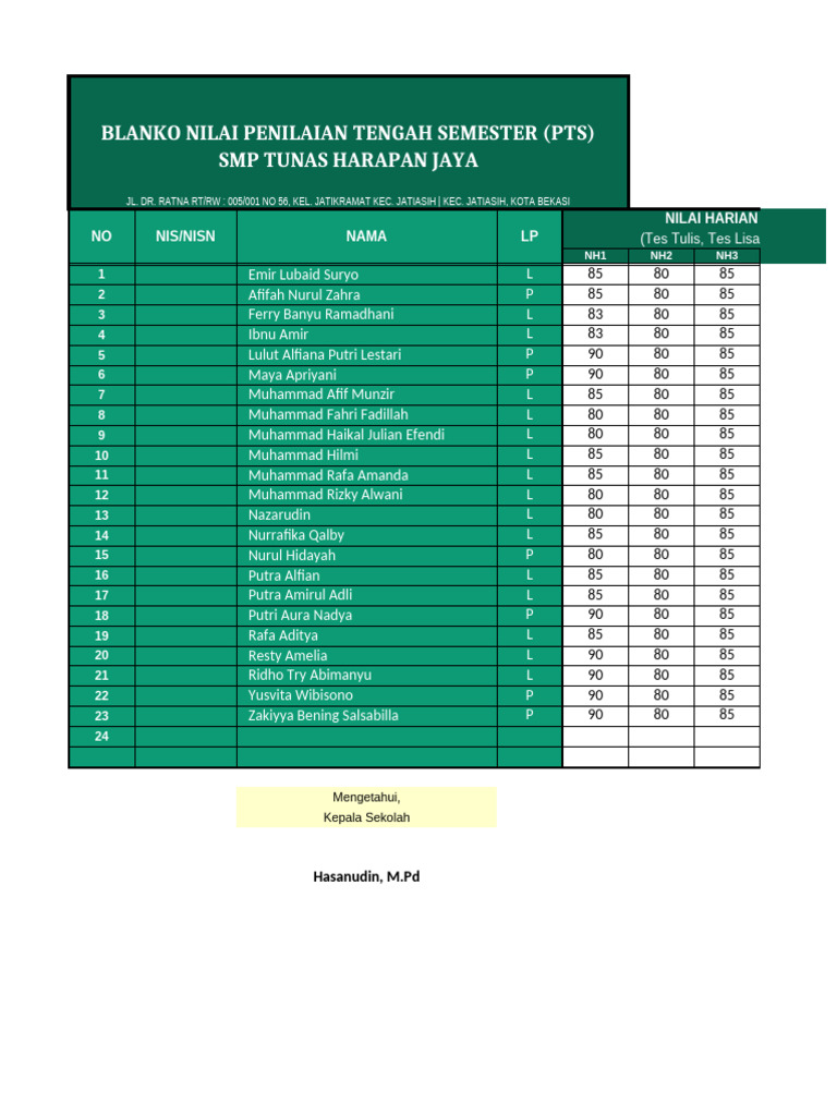 Blanko Nilai PTS SMP Tunas Harapan Jaya | PDF