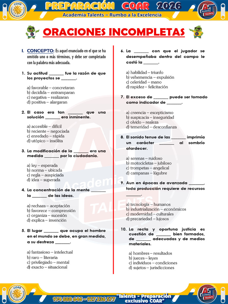 Ejercicios de Oraciones Incompletas | PDF