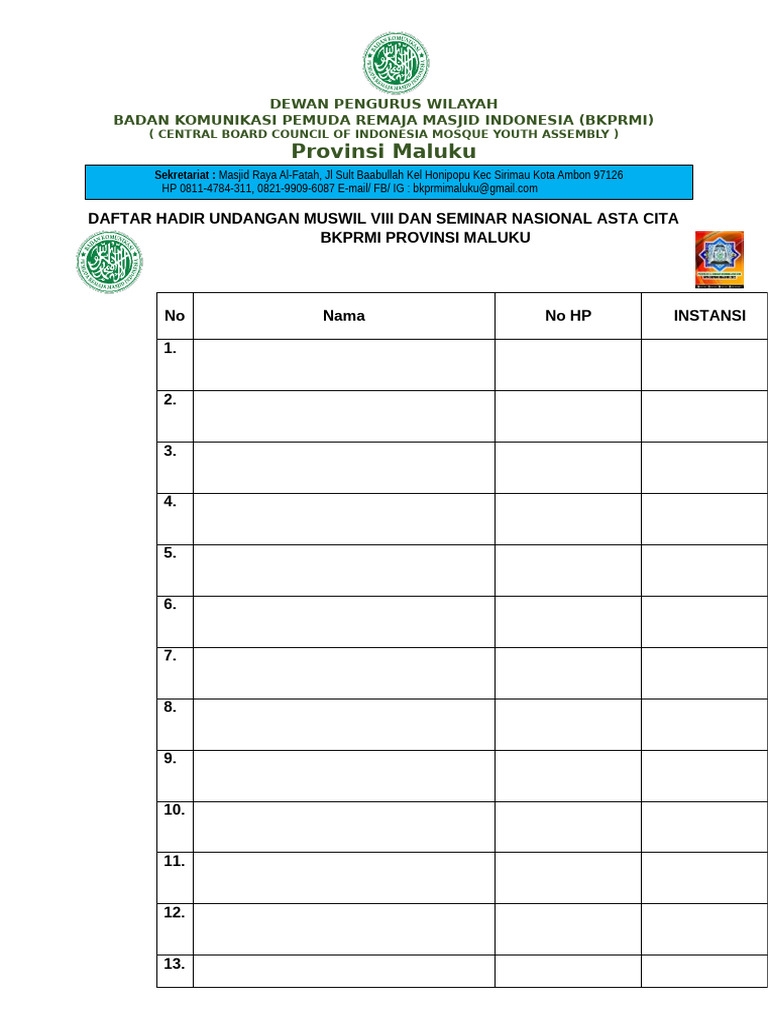 Daftar Hadir Muswil VIII BKPRMI Maluku | PDF