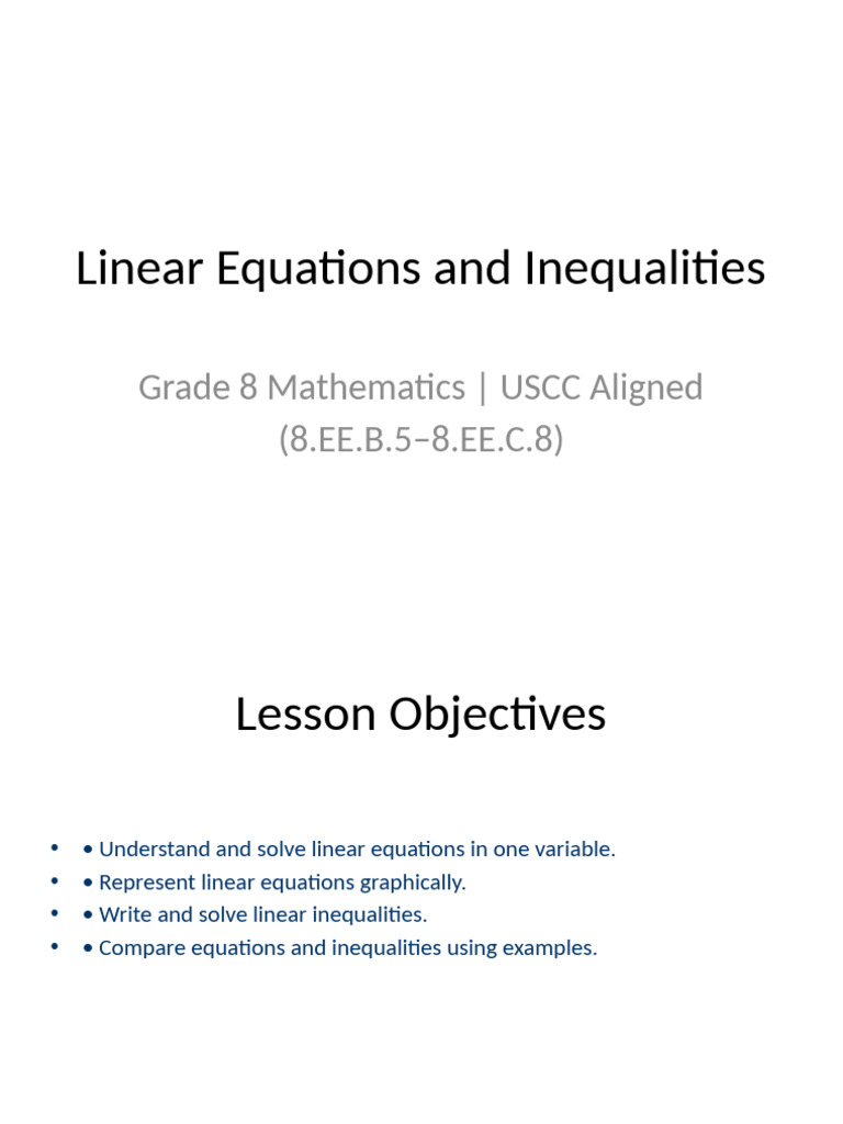 Linear Equations Inequalities Grade8 USCC Visuals | PDF