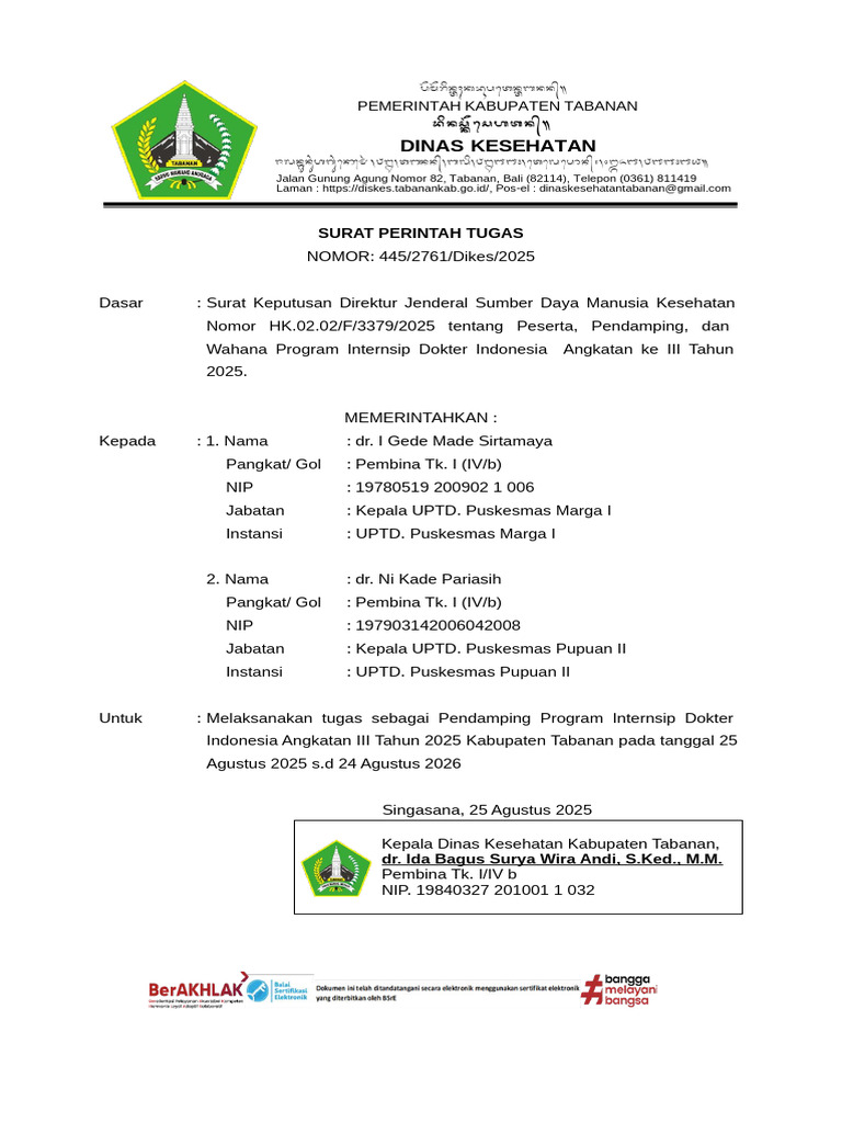 Surat Tugas Internsip Dokter Tabanan 2025 | PDF