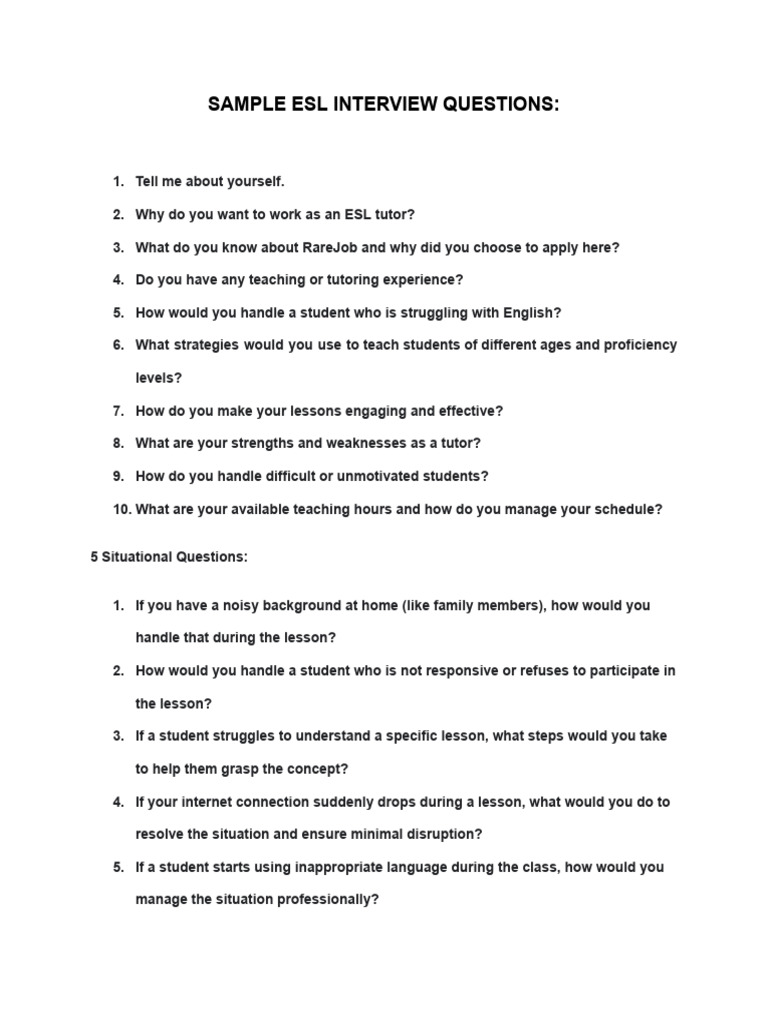 Sample Esl Interview Questions | PDF