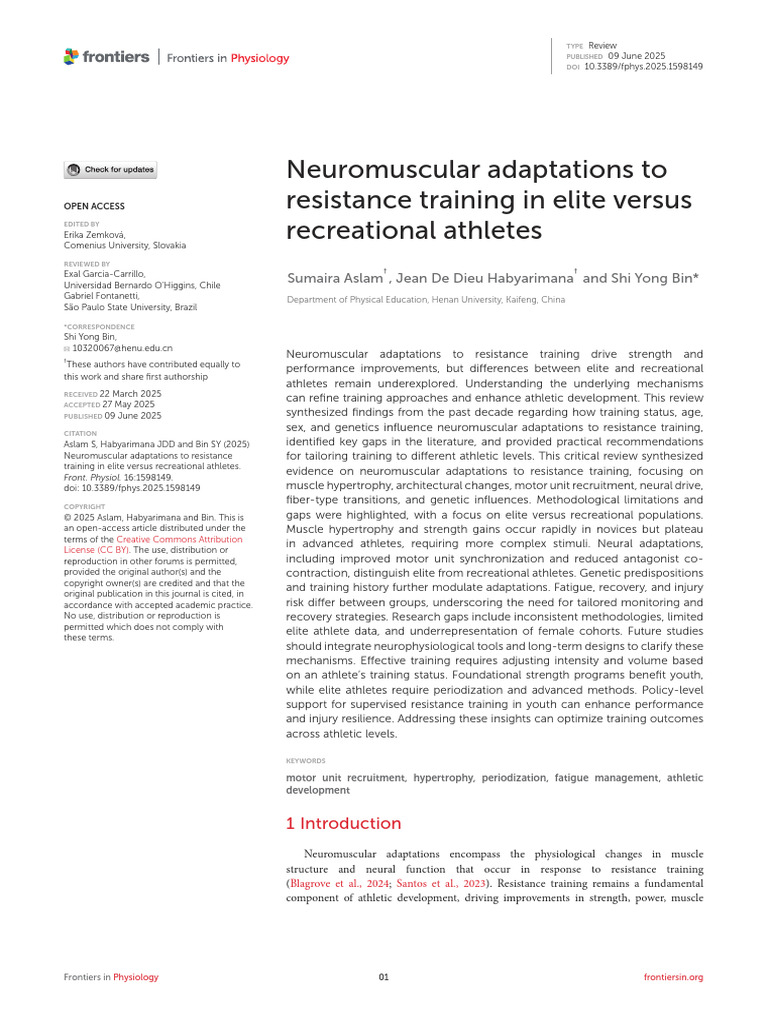 Neuromuscular Adaptations To Resistance Training in Elite Versus ...