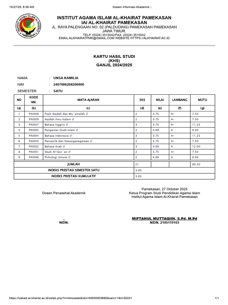 Nilai semister 1. | PDF