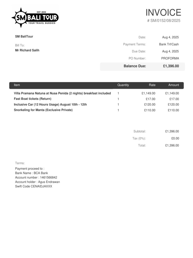 Invoice for Bali Tour Services | PDF