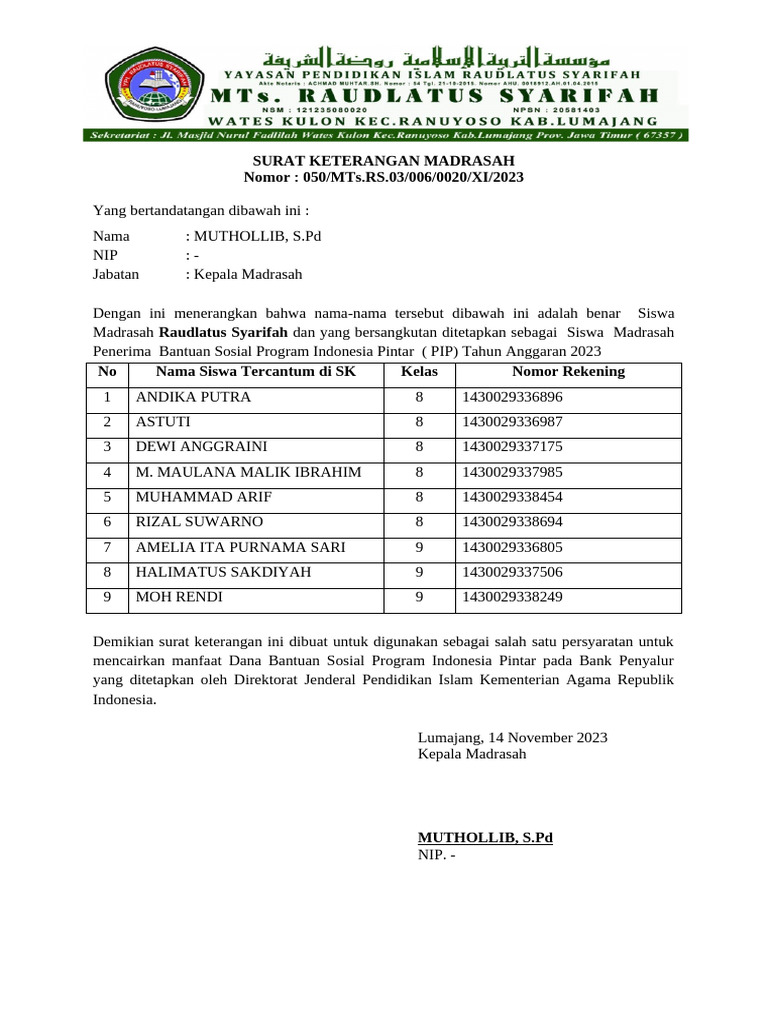 Surat Keterangan Siswa PIP 2023 | PDF