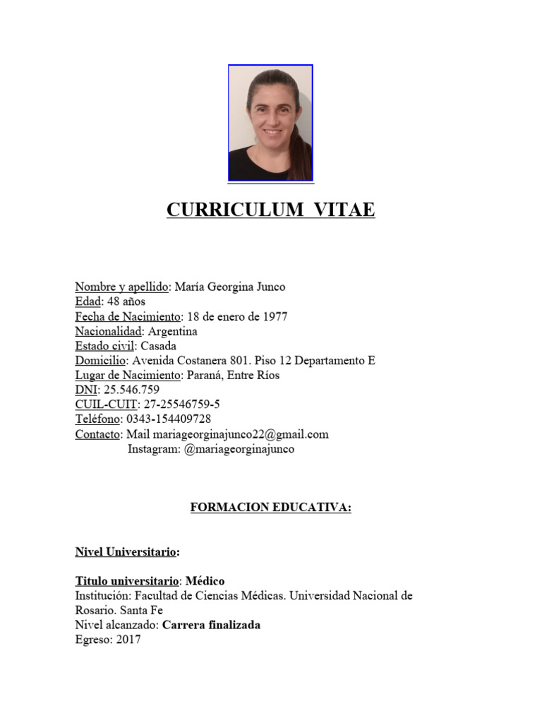 CV de María Georgina Junco, Médica y Terapeuta | PDF