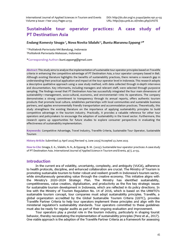 (Penelitian Terdahulu) Sustainable Tour Operator Practices A Case Study ...