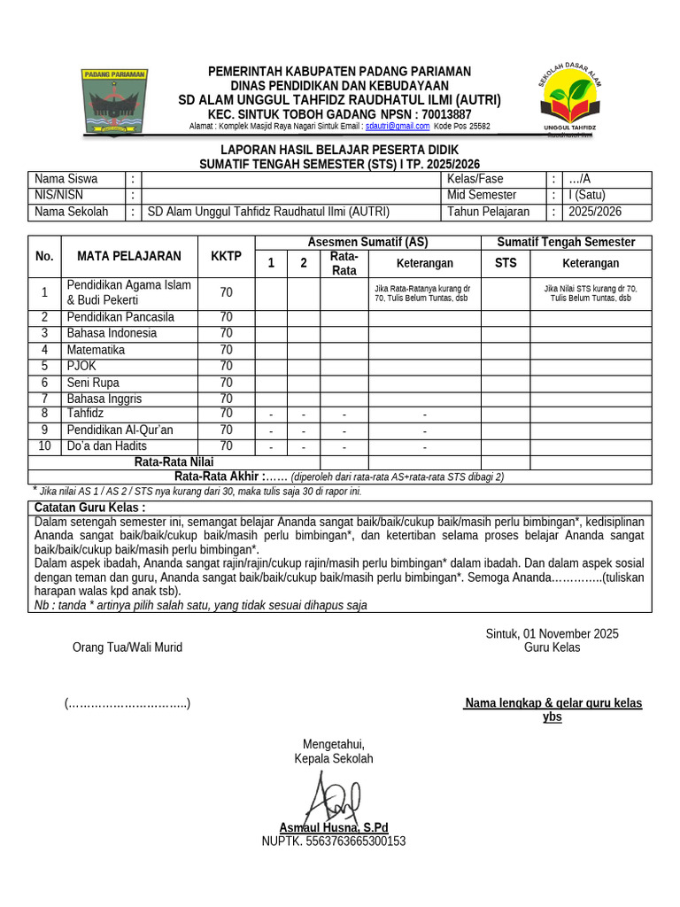 Format Rapor STS Kelas 1-2-1 | PDF