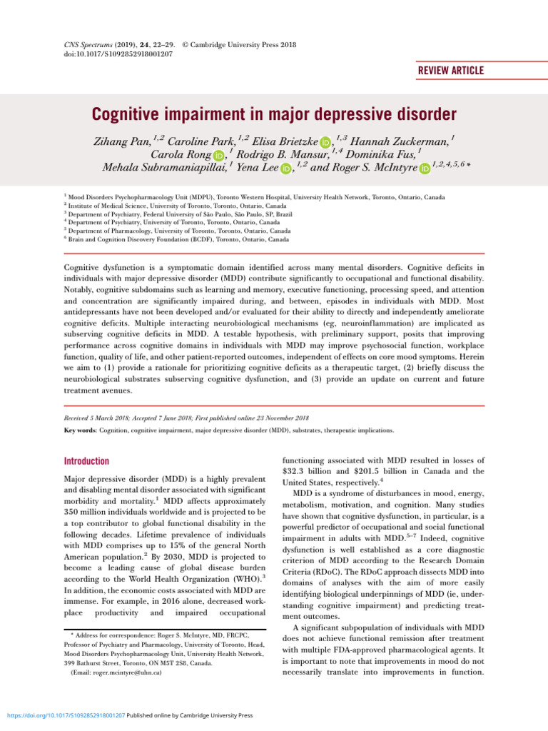 Cognitive Impairment in Major Depression | PDF | Major Depressive ...