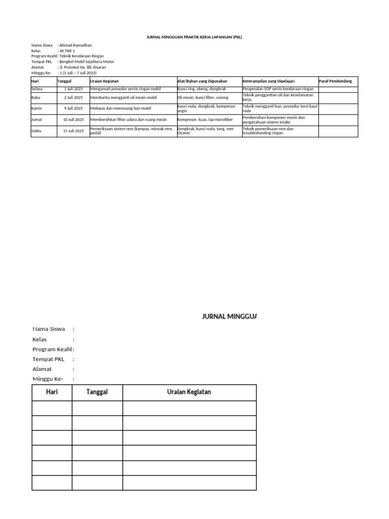 Jurnal Mingguan PKL TKR | PDF