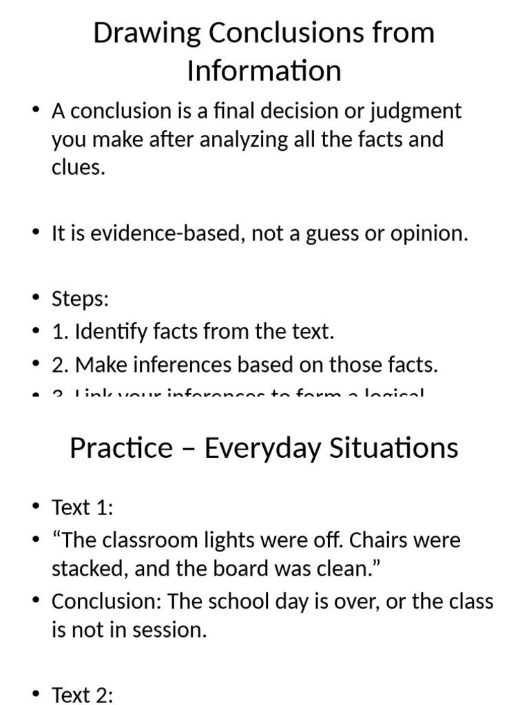 Drawing Conclusions in Reading Skills | PDF