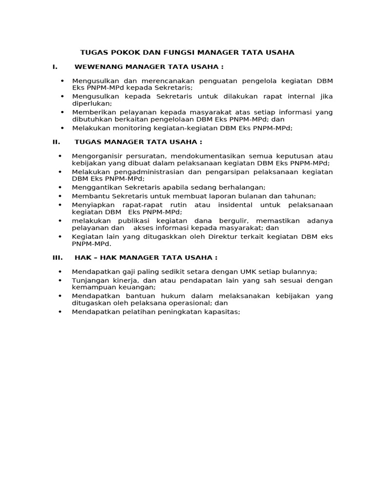 Tugas dan Wewenang Manager Tata Usaha | PDF