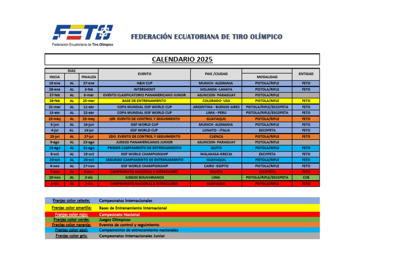 Calendario 2025 Tiro Olímpico Ecuador | PDF | Eventos deportivos ...
