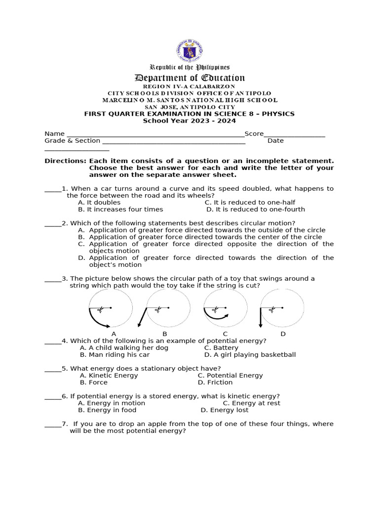 Science 8 Physics First Quarter Exam | PDF | Force | Electric Power