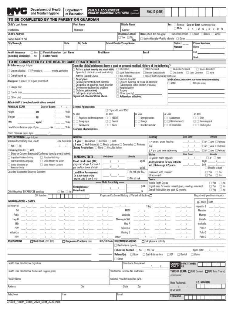 NYC Child Health Examination Form | PDF | Physical Examination ...